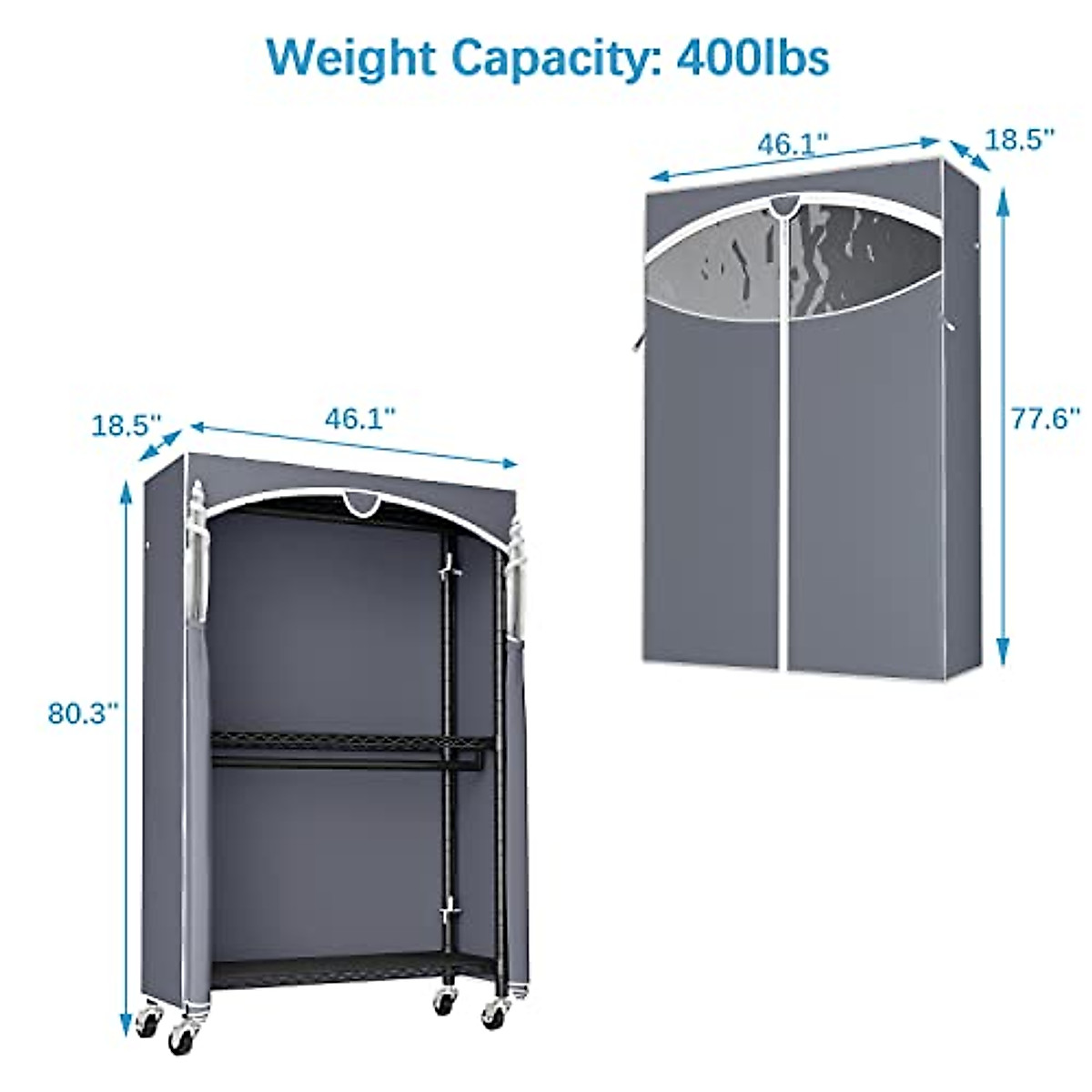 VIPEK R2C Plus Heavy Duty Rolling Garment Rack with Cover Adjustable Clothing Rack for Hanging Clothes Portable Closets with Double Rods, Wardrobe on Wheels, Black Rack with Grey Clear Window Cover