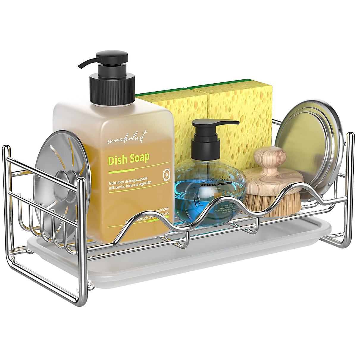 KOYLIM Sink Caddy Sponge Holder - Stainless Steel Kitchen Sink Organizer with Removable Drain Tray - Brush and Dish Soap Dispenser Storage Rack for Kitchen Counter (Silver)