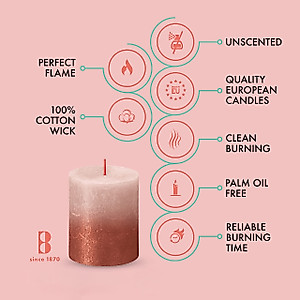 BOLSIUS 4 Pack Misty Pink/Amber Sunset Rustic Metallic Pillar Candles - 2.75 X 3.25 Inches - Fine European Quality - includes Natural Plant-Based Wax - Unscented Dripless Smokeless 35 Hour Candles
