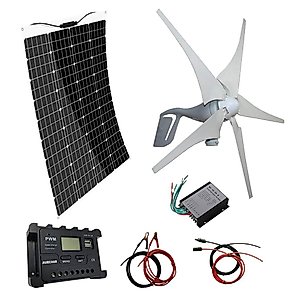 AUECOOR Solar Wind Hybrid System: 400W Wind Turbine Generator+ 120W Flexible Monocrystalline Solar Panel for Off Grid 12V Battery Charging