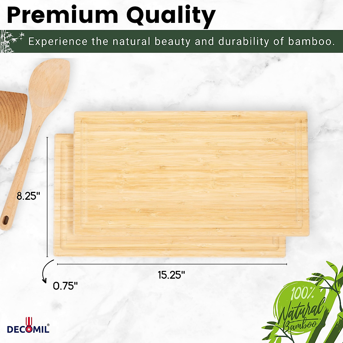 DECOMIL-Bamboo Wood Cutting Board Set of 2, Wood Serving Board, 15.25 x 8.25 Inch Chopping Boards for Charcuterie, Vegetables, Meat, for DIY projects