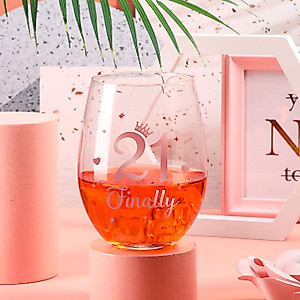 Stemless Wine Glass Rose Gold Birthday Wine Glass Present Anniversary Glasses for Man Women Birthday Party Wedding Anniversary Decorations, 17 oz (21 and Fabulous)