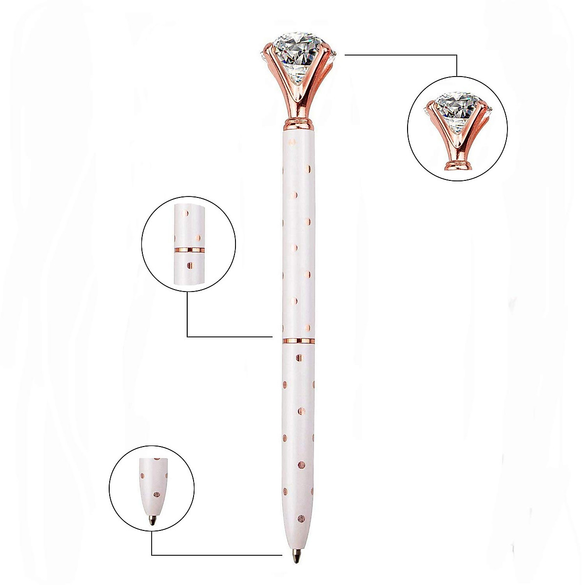 LONGKEY 3PCS Large Crystal Diamond Pen Bling Metal Ballpoint Pen Office and School, Silver / White Rose Polka Dot / Rose Gold, Including 3Pen Refills.