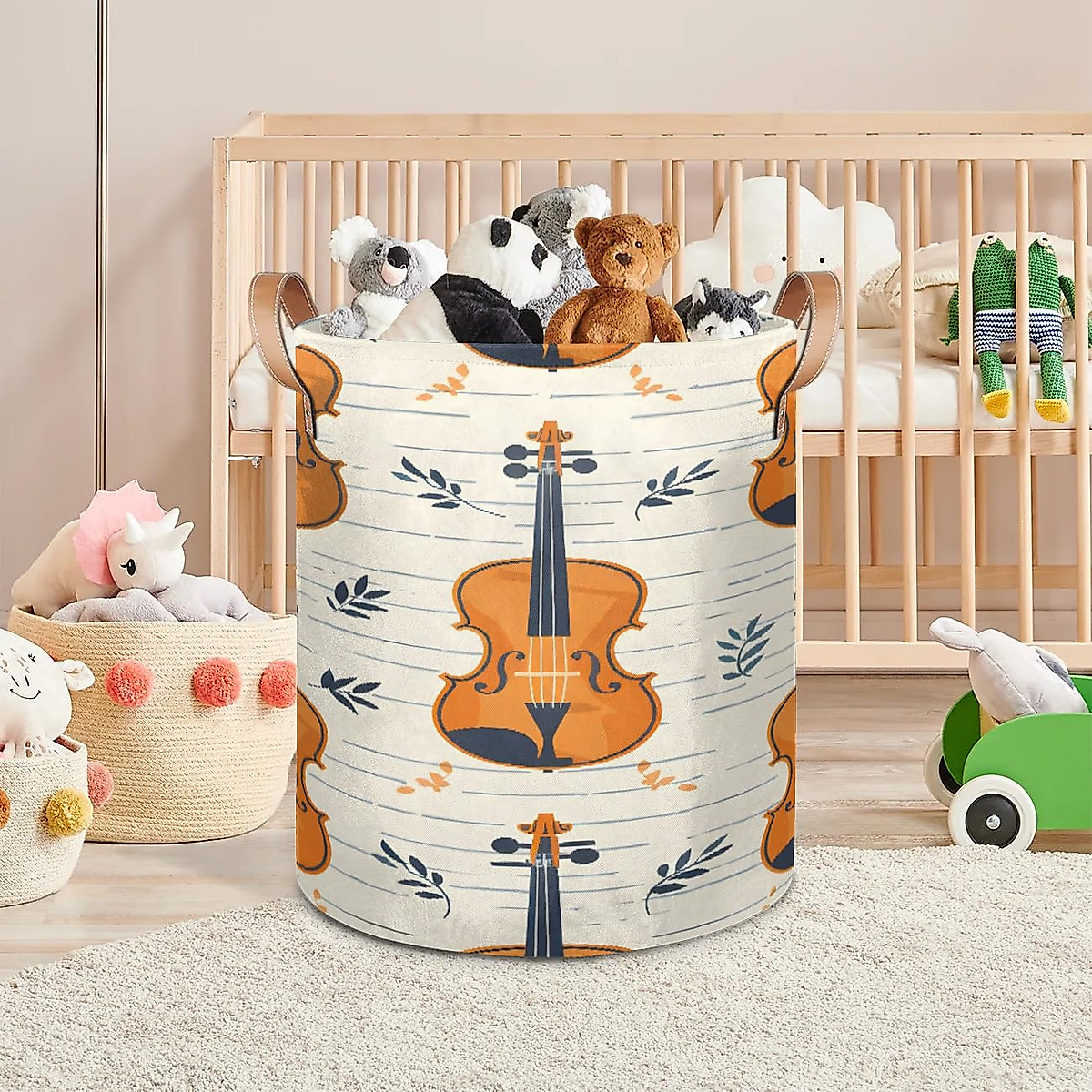 Custom Round Collapsible Laundry Baskets Violin Leaves Customized Large Toy Basket Personalize Hamper Dorm Bathroom Playroom Room Decor 16x20.8 Inch
