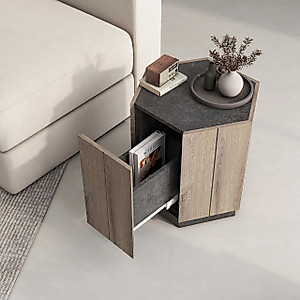 Tidyard Hexagonal Rural Style Garden Retro with Drawer Living Room Corner Table Textured Black and Warm Oak Sofa End Side Table, Bedside Nightstand for Living Room Bedroom Kitchen Bathroom