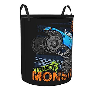 Gbuzozie Monster Truck Print Round Laundry Hamper Storage Basket Toys Clothes Organizer Bin For Home Bathroom Bedroom Dorm Nursery, 38l
