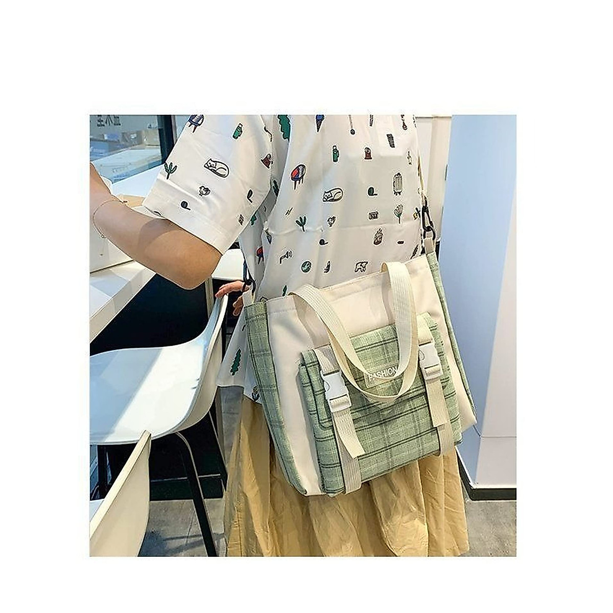 5Pcs Canvas School Backpack Combo Set with Kawaii Bear Pendant Cute Pins Plaid Check Handle Shoulder Tote Bag Schoolbag (Green)