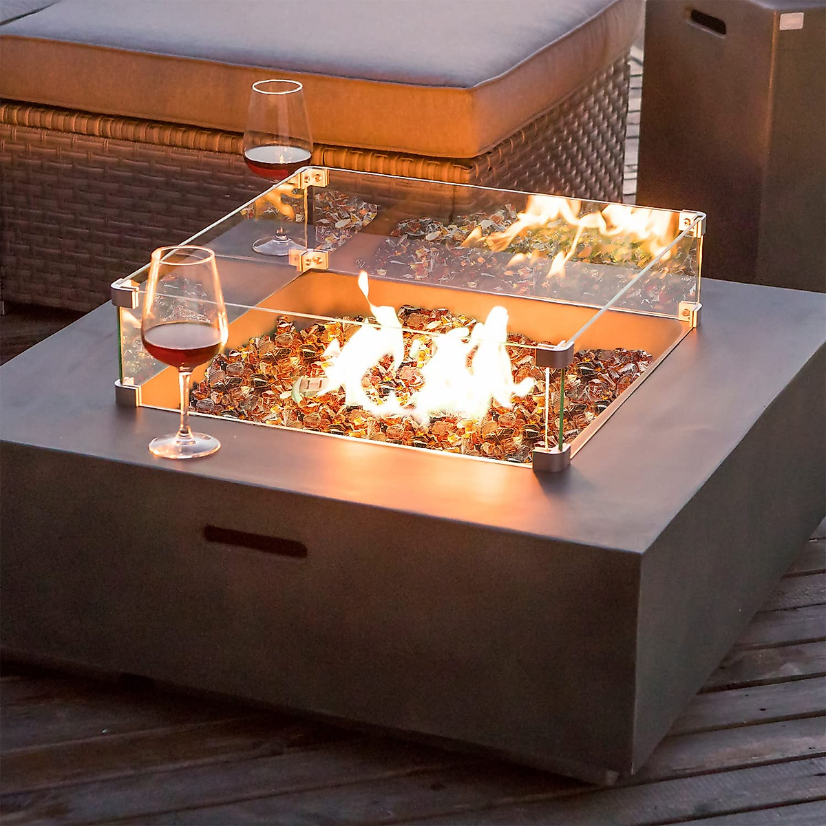 COSIEST Outdoor Propane Square Fire Pit Table, Green Faux Stone 35-inch Planter Base, 50,000 BTU Stainless Steel Burner, Amber Yellow Fire Glass and Rain Cover, Metal Lid