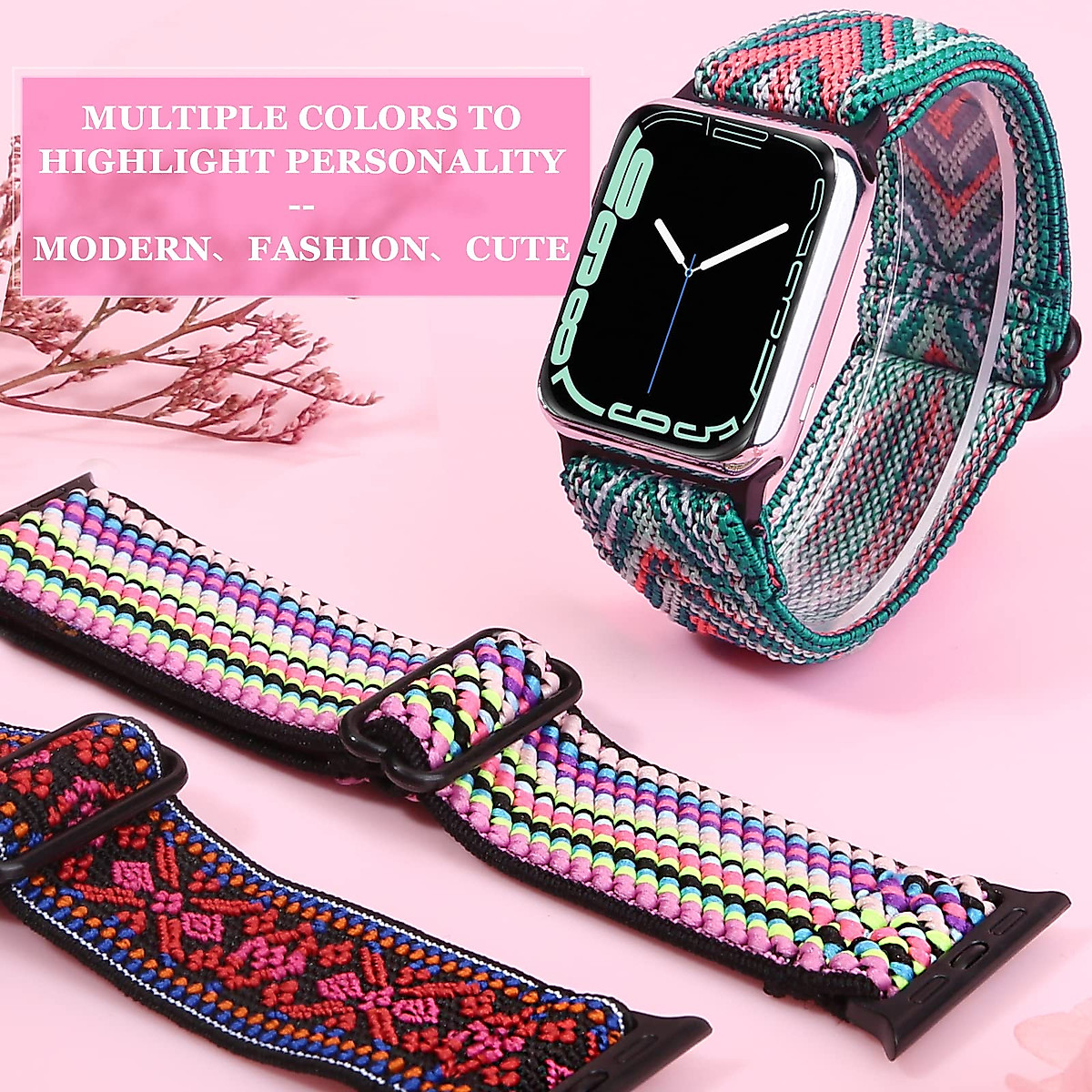 6 Packs Nylon Stretchy Bands Compatible with Apple Watch Bands 42mm 44mm 45mm for Women Girls, Adjustable Braided Solo Loop Sport Bands for iWatch Series 7 6 SE 5 4 3 2 1 Leopard Aztec Boho RedPink