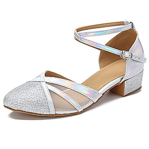 LuiXiu Low Heel Ballroom Dance Shoes for Social Beginner 1.5 Inches Latin Salsa Practice Dancing Sandals LX03(9.5, Silver-1.5 Inch Heel)