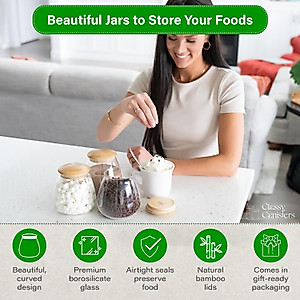 Set of 3 Round Glass Jars With Bamboo Lids - Modern, Glass Storage Containers for Coffee, Sugar, Candy, Rice, Pasta & More - Decorative 29 Ounce Borosilicate Glass Canisters With Airtight Lids