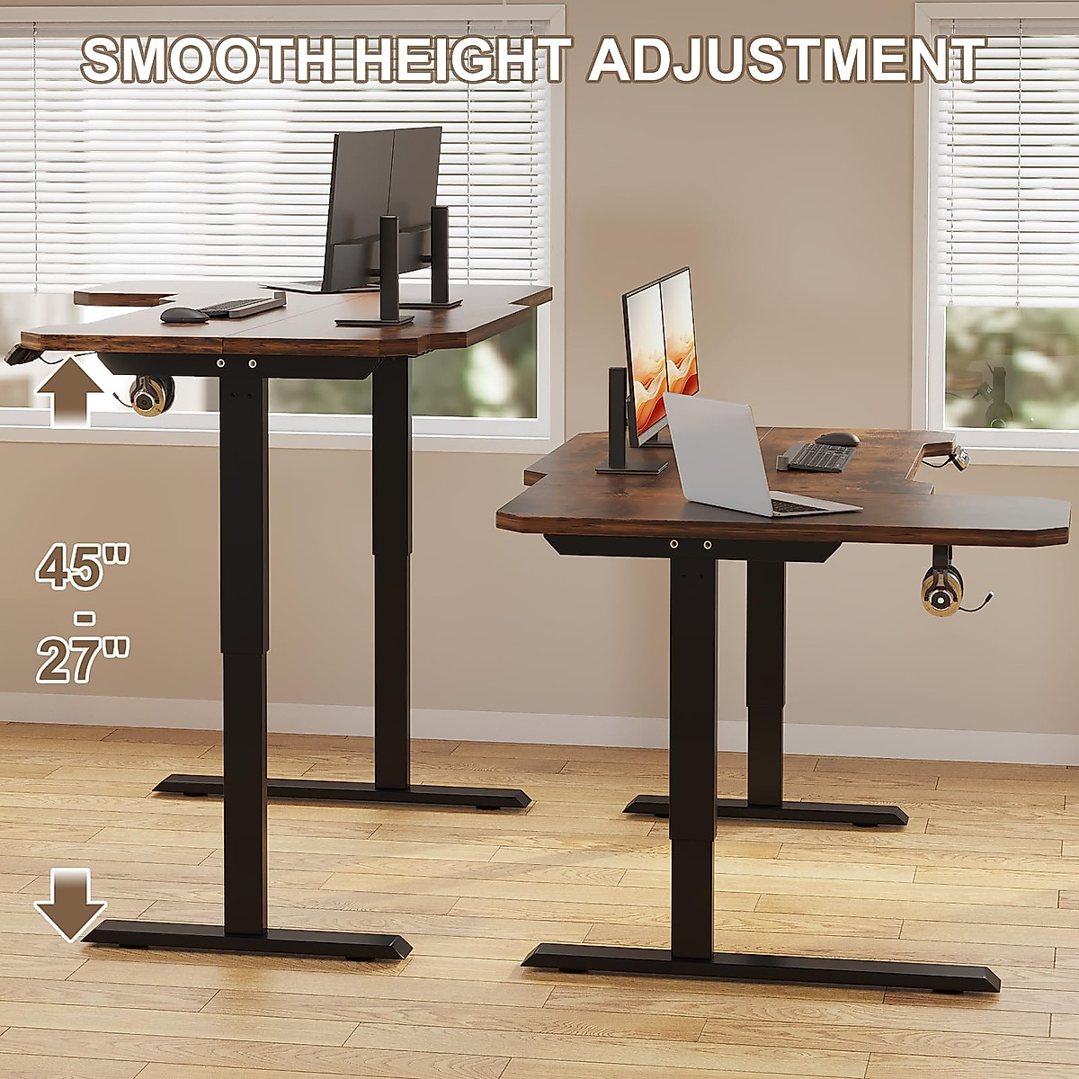 Sileye Electric L Shape 59 Inches Standing Desk, Height Adjustable Sit Stand Up Computer Table, Large Modern Smart Ergonomic Home Office Workstation with Splice Board Rustic Brown Top + Black Frame
