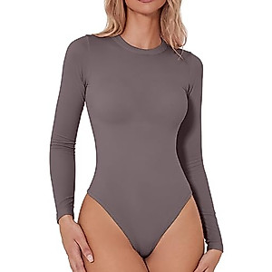 QINSEN Womens Sexy Casual Round Neck Double Lined Long Sleeve Slimming Going Out Top Bodysuits Ash Gray S