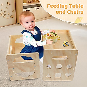 Montessori Weaning Table and Chair Set, Wooden Toddler Table and Chair Set Kids Activity Table Step Stools with Blackboard & 3 Heights Adjustable, 1-3 Age Kids Funiture for Eating Drawing Reading