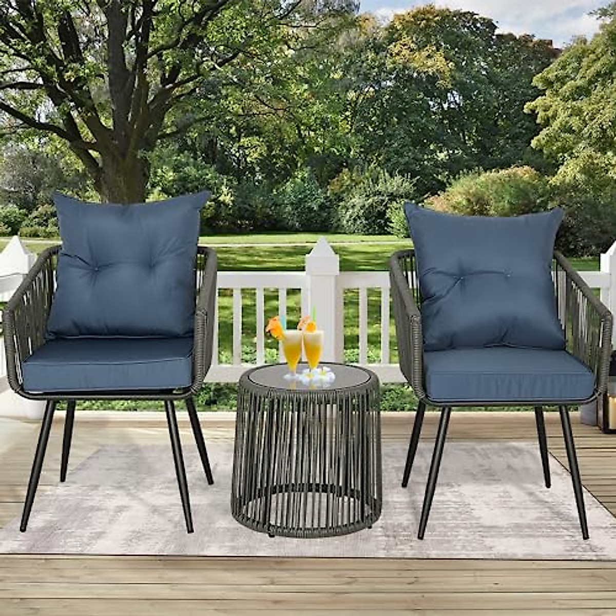 BPTD 3 Piece Outdoor Bistro Set Patio Set Balcony Furniture Outdoor Furniture Rattan Chair Conversation Sets with Side Table for Porch, Backyard, Balcony (DGRY-Navy)