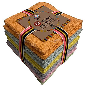 Petal Cliff 12 Pack, 100% Cotton wash Cloth, Extra Soft, Highly Absorbent, Machine Washable Size 12" X 12", Assorted Colors - Color May Very.