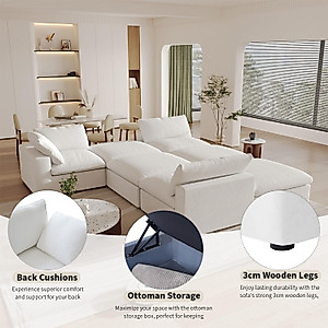 WJShome Cloud Modular Sectional Sofa,120.45" Down Filled L Shaped Sofa Couch with Storage Ottoman,Minimalist Wide Deep Seat Couches,Sofa Covers Washable&Replaceable (White, 3 Seater+1 Ottoman)