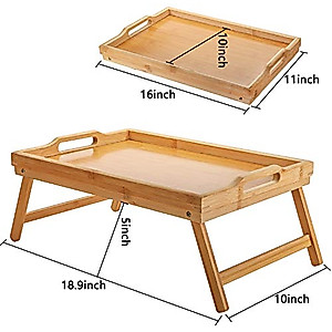 Lawei 2 Pack Bamboo Foldable Breakfast Table, Bed Tray Table with Legs, Serving Tray with Handles, Portable Food Table for Serving Breakfast in Bed, Laptop Desk Snack Tray for Eating, Reading, Working