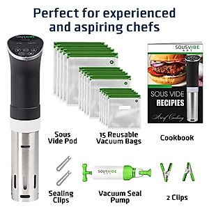 SOUSVIDE ART Precision Cooker Kit | 1000W STANDARD Sous Vide Machine Immersion Cookers Circulator | 15 Vacuum Seal Bags, Vacuum Pump, Digital Timer, & Temperature Control | All In One Sous Vide Machines