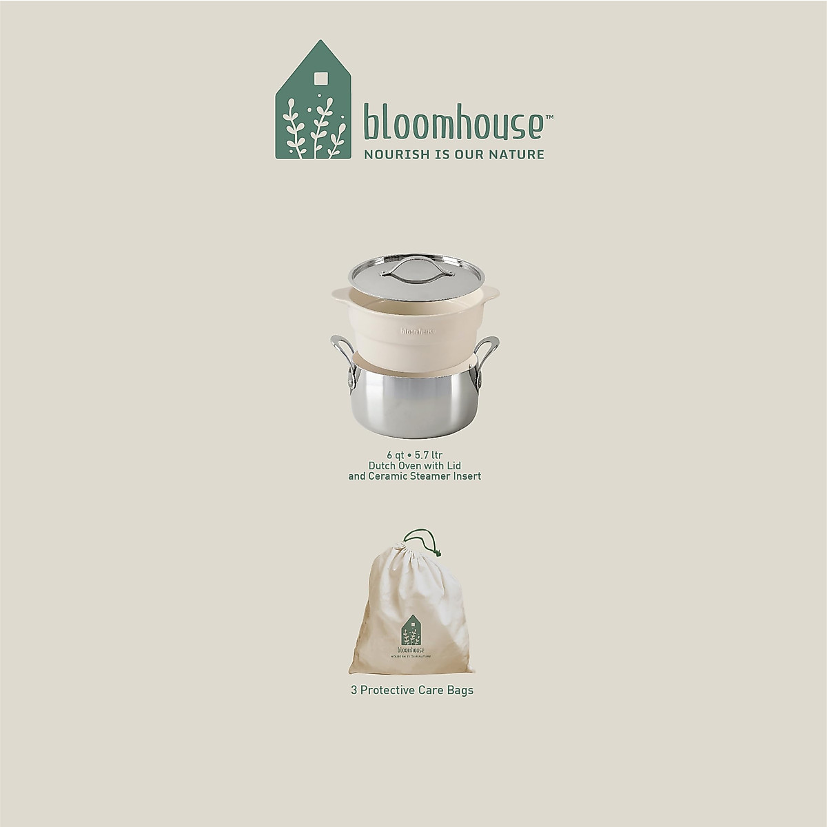 Bloomhouse - Oprah's Favorite Things - 6-QT Triply Stainless Steel Dutch Oven w/Non-Stick Non-Toxic Ceramic Interior and Ceramic Steamer Insert