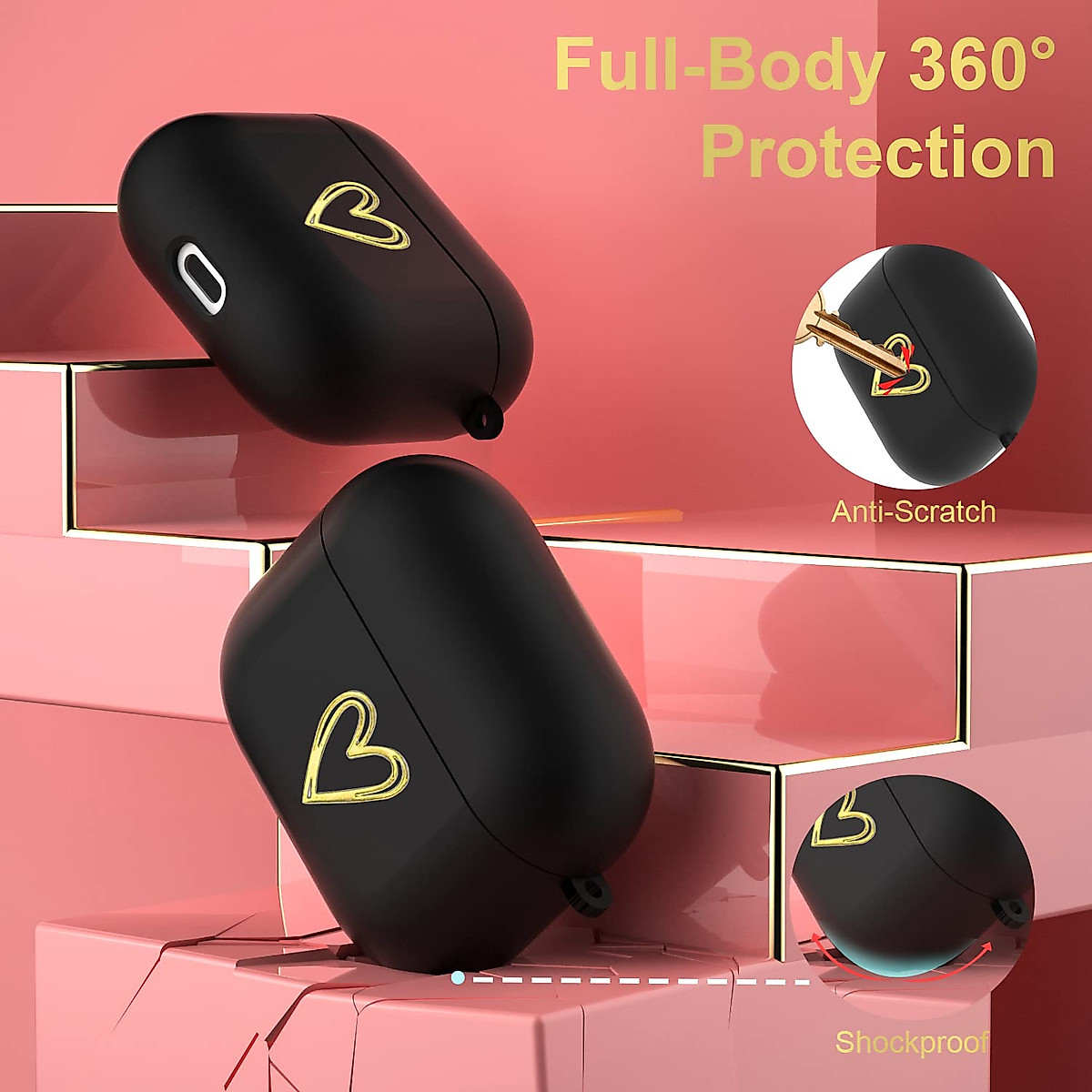 Aiiko for Airpod Case 3rd Generation with Cute Rabbit Lucky Ball Keychain Golden Heart Pattern Soft TPU Shockproof Protective Airpod 3 Case Cover for Girls Women-Black