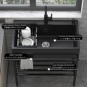 Black Stainless Steel Utility Sink Outdoor Kitchen Sink Station Laundry Sink Portable Sink Garage Sink Commercial Free Standing Sink with Hot&Cold Faucet Combo with Strainer Soap Dispenser Bracket ( C