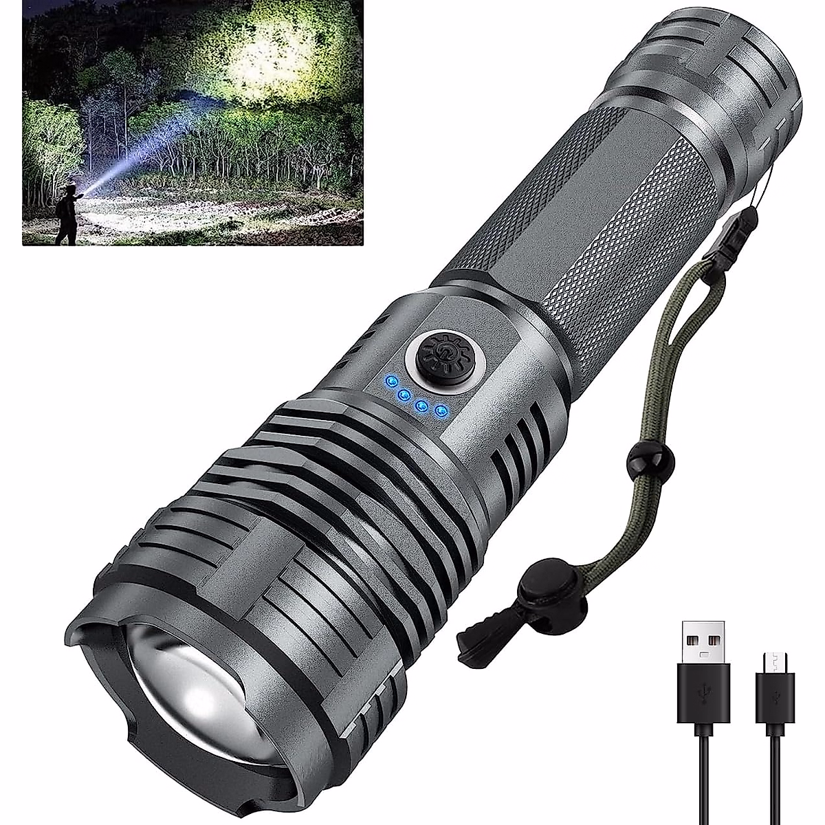 Bailinghai 200000 Lumen Super Bright Rechargeable Flashlight, XHP90.8 LED Chip, 5 Lighting Modes, 5000mAh Battery, IPX6 Waterproof, Digital Display, Durable Use, Easy to Carry, Impact Resistant