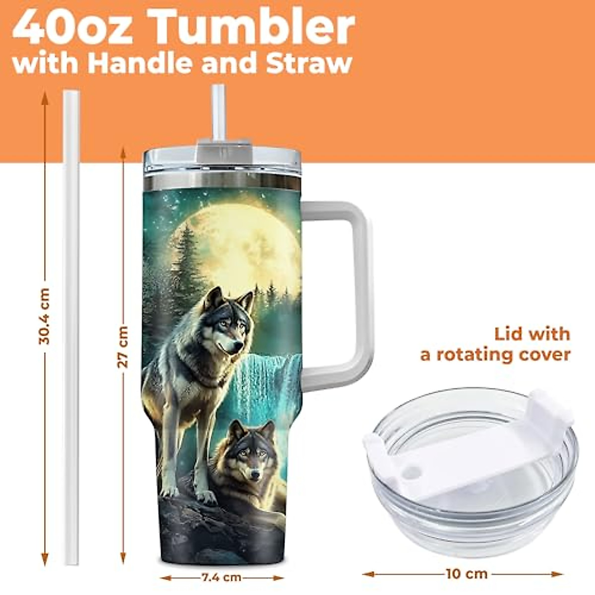 Foxcorner Personalized Wolf 40oz Tumbler with Handle and Straw Gifts for Wolf Lovers, Father's Day Animal Gifts For Men, Birthday Gift Ideas, Custom Name Insulated Stainless Steel Travel Cup With Lid