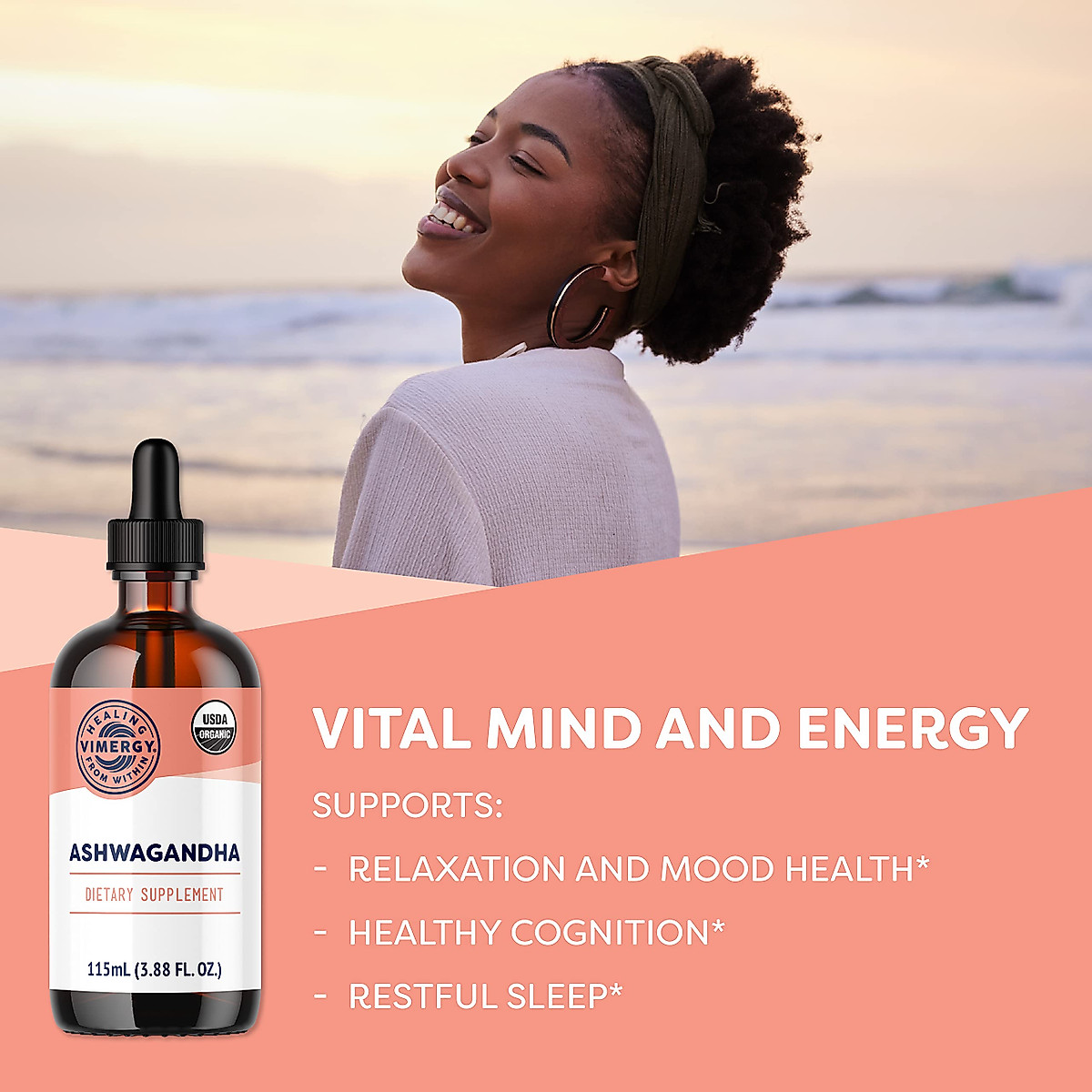 Vimergy USDA Organic Ashwagandha Liquid Extract, Trial Size - 27 Servings – Stress Supplement Drops – Adaptogen - Supports Cognitive Function – Sleep Support – Alcohol-Free, Non-GMO, Vegan (55 ml)