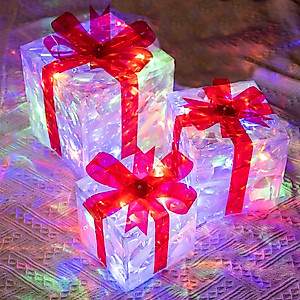 Hourleey Set of 3 Christmas Lighted Gift Boxes, Pre-lit 60 LED Light Up Present Boxes Ornament Decorations for Indoor Outdoor Xmas Tree Home Yard Lawn Decor (Multicolor)