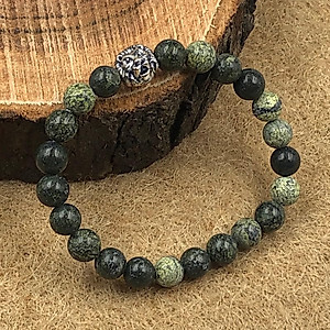 LKBEADS Natural Natural Russian Serpentine 8mm rondelle smooth 7inch Semi-Precious Gemstones Beaded Bracelets for Men Women Healing Crystal Stretch Beaded Bracelet Unisex