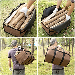Petutu Firewood Carrier 2 Pack, Large Canvas Log Carriers Tote, Fireplace Wood Holder Accessories(Brown)