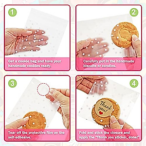 JESTAR 200 PCS Self Adhesive Cookie Bags Christmas Treat Bags, 3.94"x 3.94" Cellophane Bags Individual Cookie Bags with Thank You Stickers White Polka Dot Bags for Party Favors Gift Giving Candy