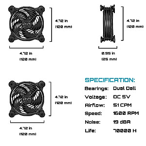novonest 120mm Fan,USB Powered Fans Quiet computer cooling 5v Fan,Black,for PC/Xbox/Playstation/TV Box etc.,U1203