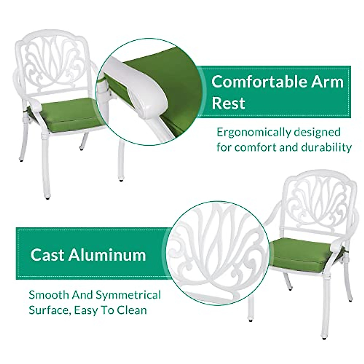 VIVIJASON 2-Piece Outdoor Bistro Dining Cushioned Chairs, Patio Cast Aluminum Dining Chairs, Patio Bistro Chair Set for Balcony, Lawn, Garden, Backyard, White