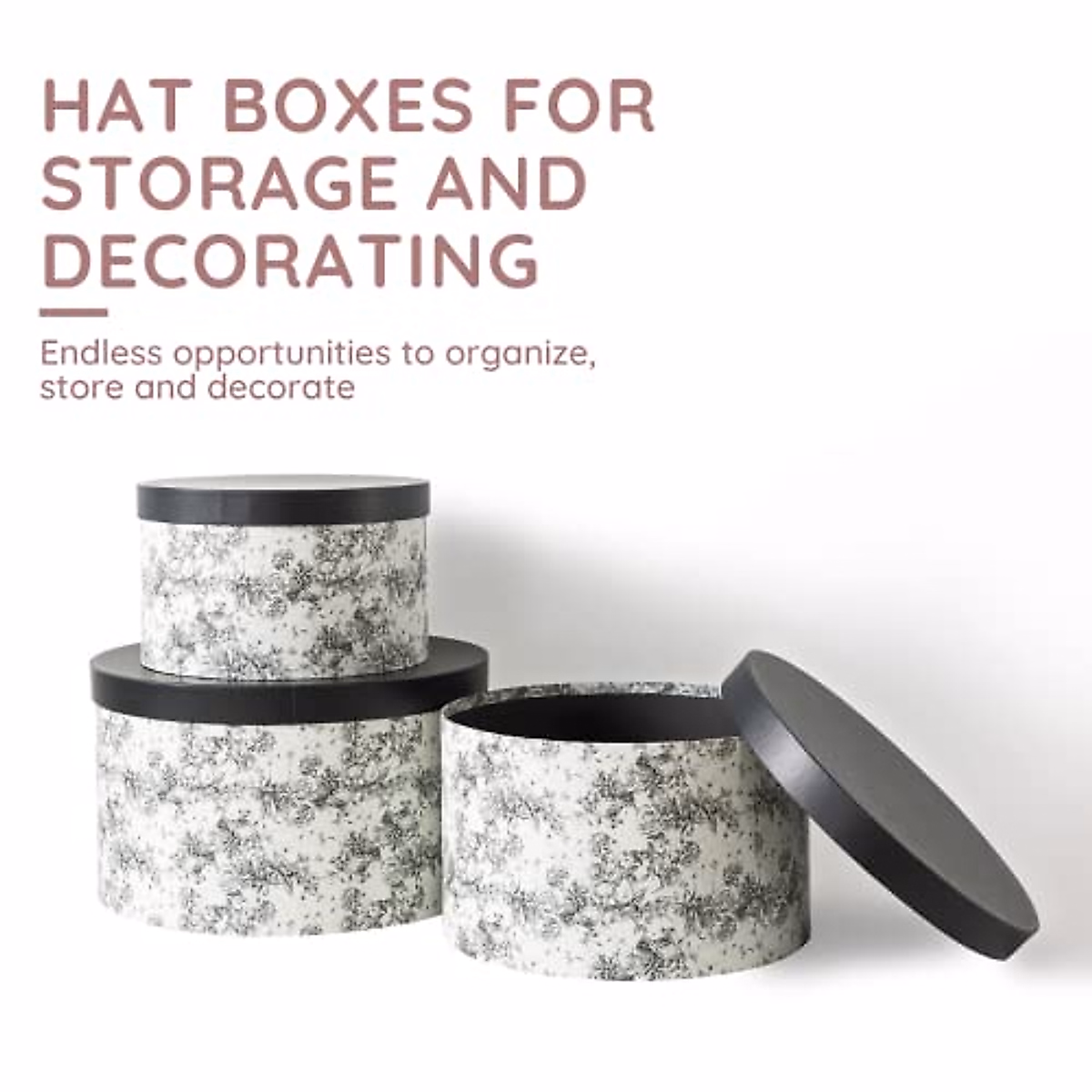 Soul & Lane Floral Hat Round Boxes with Lids - Set of 3: Nesting Cardboard Hat Storage, Large Black Print Hat Cases, Round Decorative Keepsake Boxes, Stacking Paper Mache Craft Boxes