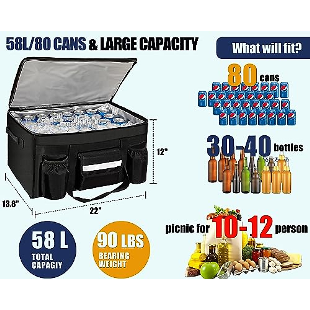 MyLifeUNIT 3XL Insulated Cooler Bag for Food Delivery & Grocery Shopping with Waterproof Zipper, Thermal Pizza Delivery Bag with Drink Holder for Car, Bike, Camping, Picnic, Beach, Keep Cold/Fresh/Warm