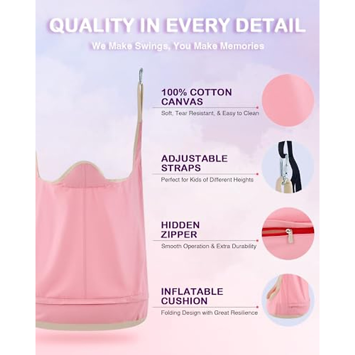 CO-Z Upgraded Kids Pod Swing, Hanging Pod Swing Chair with Inflatable Cushion, Child Hanging Hammock Swing for Indoor and Outdoor, Sensory Pod Swing for Kids (Two Straps, Pink)