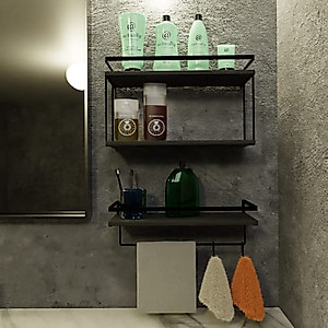 Wall Mounted Floating Shelves Set of 2 with Tissue Rack, Towel Bar & Hooks, Storage Rack for Bathroom, Kitchen, Livingroom, Bedroom & Garage - Black