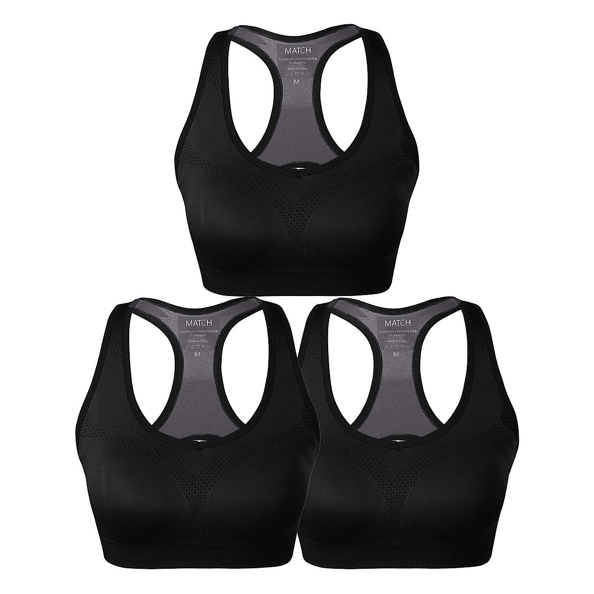 Match Racerback Sports Bras for Women – Padded Seamless Strappy Workout Tops for Yoga Gym Runing Fitness Sports Bras (1 Pack of 3(Black), Medium)