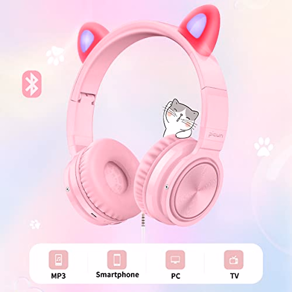 Picun Cat Ear Bluetooth Headphones 40 Hours Playtime with Romantic LED Light Up, Over Ear Girls Wireless Headphones with HD Mic, Foldable, Soft Memory Earmuff, for PC/Tablet/School Kids Adults - Pink