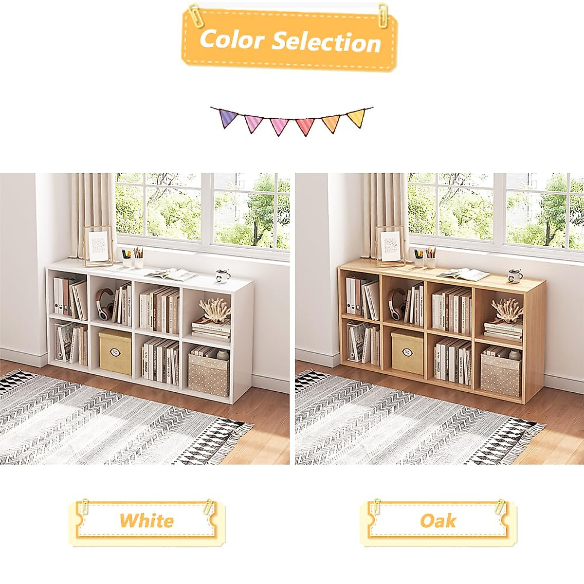 NELYE 8 Cube Organizer Bookcase - Fabric Storage Bins Container, Open Shelf Simple Compartments Bookshelf, White