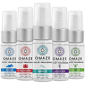 OMAZE Mist N Go Refresh Toilet Spray - Bathroom Spray Odor Eliminator - Toilet Smell Eliminator Deodorizer - Bathroom Smell Good Spray Women Men Odor Neutralizer Spray Fresheners - Breeze + Dream + Lavender + Fresh Linen + Blossom 0.68oz x5