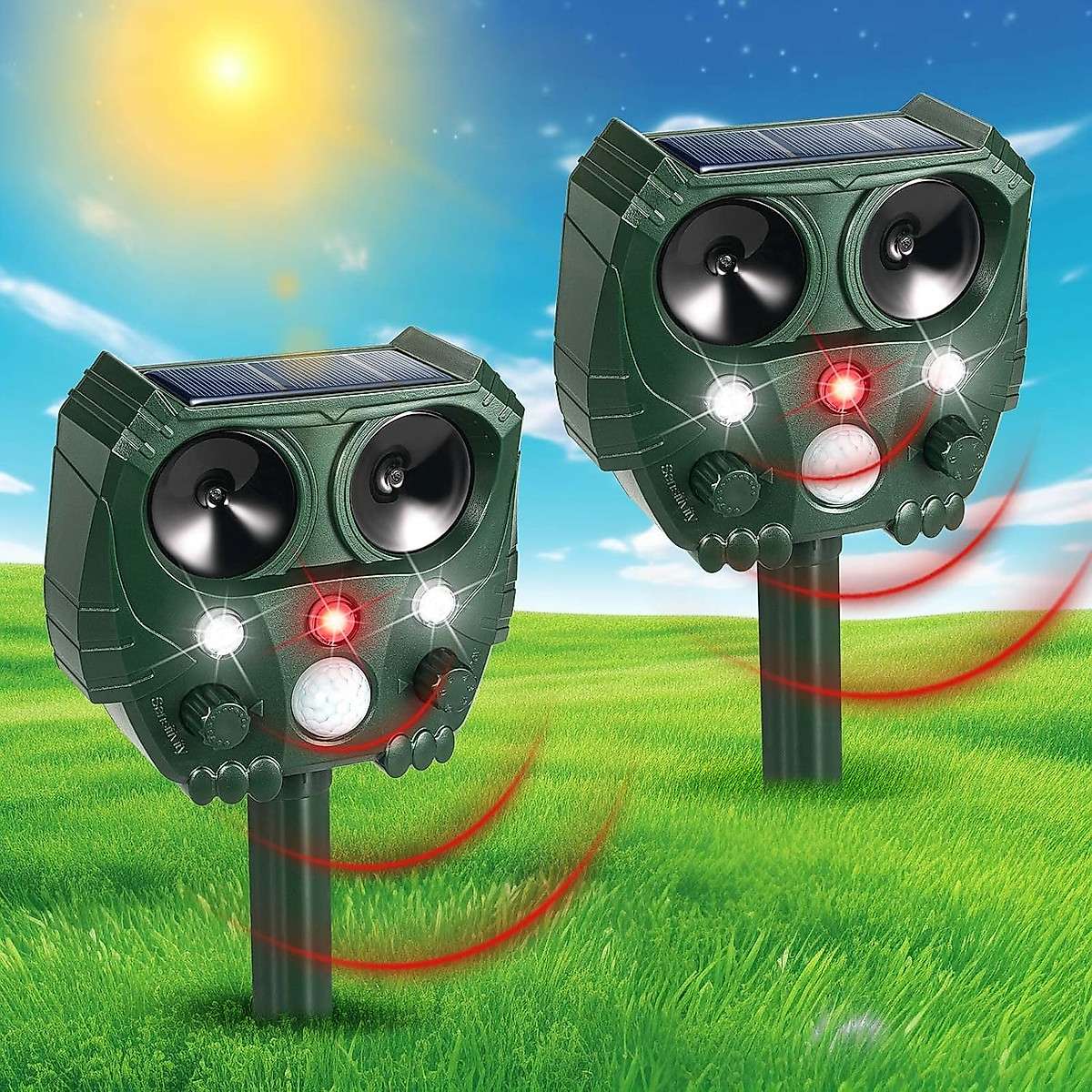 Ultrasonic Animal Repellent Deer Repellent Cat Repellent Outdoor with 5 Frequency Mode & Motion Sensor & Strobe Light Solar Animal Repeller Deterrent Rabbit Repellent Repel Dog Skunk Raccoon, 2 Pack