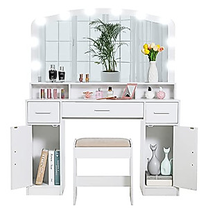 usikey Large Vanity Set with Large Lighted Mirror, Modern Makeup Vanity Table with 3 Drawers, 2 Storage Cabinets & 10 LED Bulbs, Dressing Table with Cushioned Stool for Women, Bedroom, White