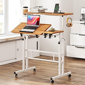 soges Rolling Standing Desk, Height Adjustable Home Office Desk, Mobile Sit-Stand Laptop Desk with Cup Holder and Hook, Portable Desk with Wheels, Oak