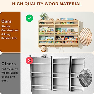 kidi house Wall Bookshelf Wooden Kids Bookshelf 3-Tier Floating Nursery Book Shelves for Kids Room Birch Hanging Toddler Bookshelf Montessori Bookshelf for Baby Room Playroom Living Room (Wide)