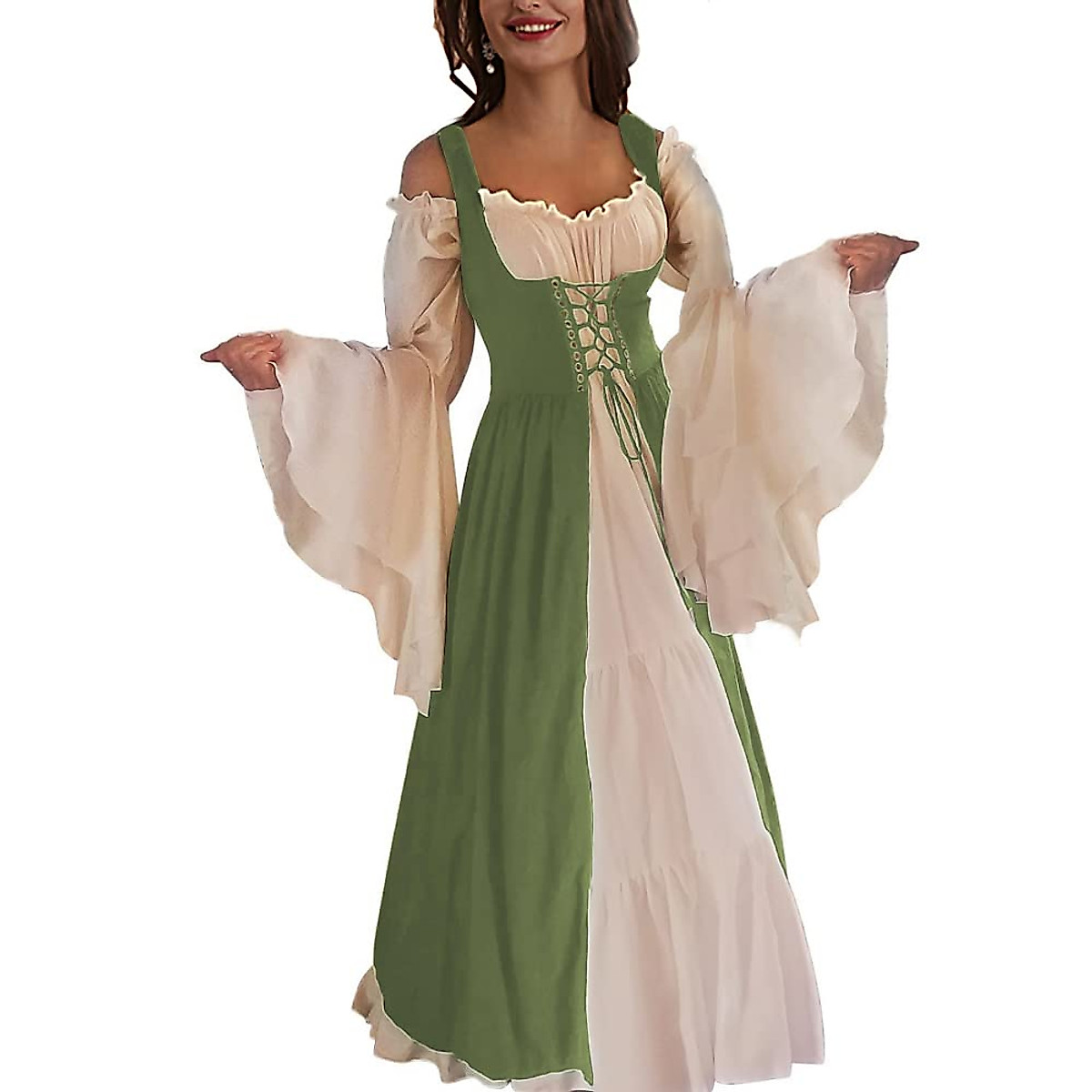 Abaowedding Womens's Medieval Renaissance Costume Cosplay Chemise and Over Dress (L/XL, Green)
