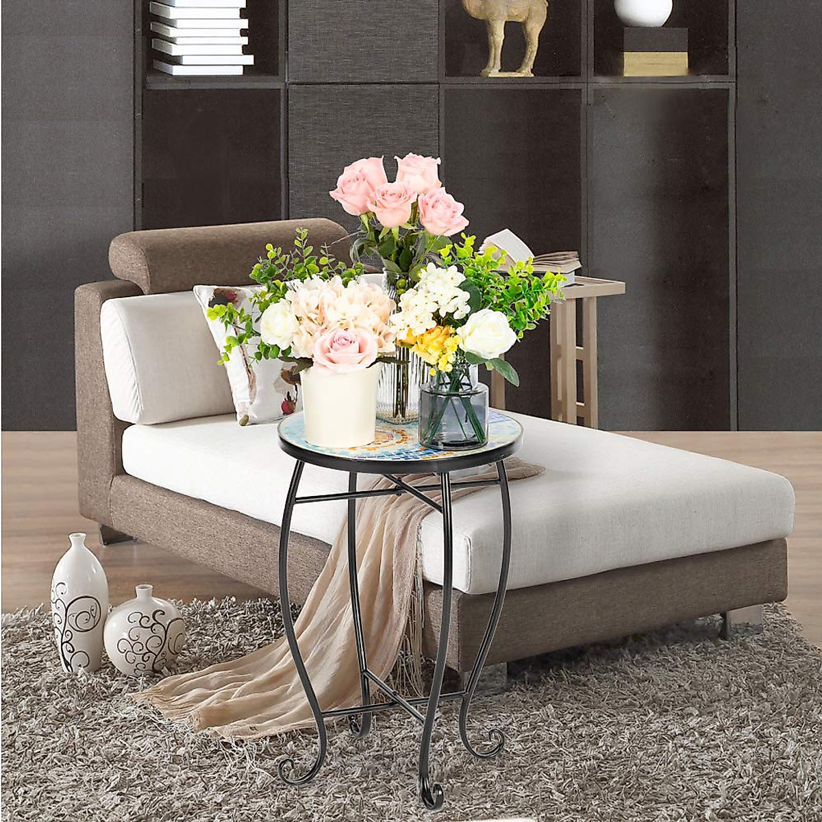 Shyneer Mosaic Outdoor Side Table, 14inch Round Small Patio Accent Table Ottoman Mosaic Bistro Table Indoor End Table for Yard, Garden, Living Room, Bistro Balcony or Lawn (Sun, 14'')