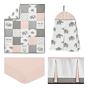 Sweet Jojo Designs Blush Pink, Grey and White Watercolor Elephant Safari Baby Girl Crib Bedding Set - 4 pieces